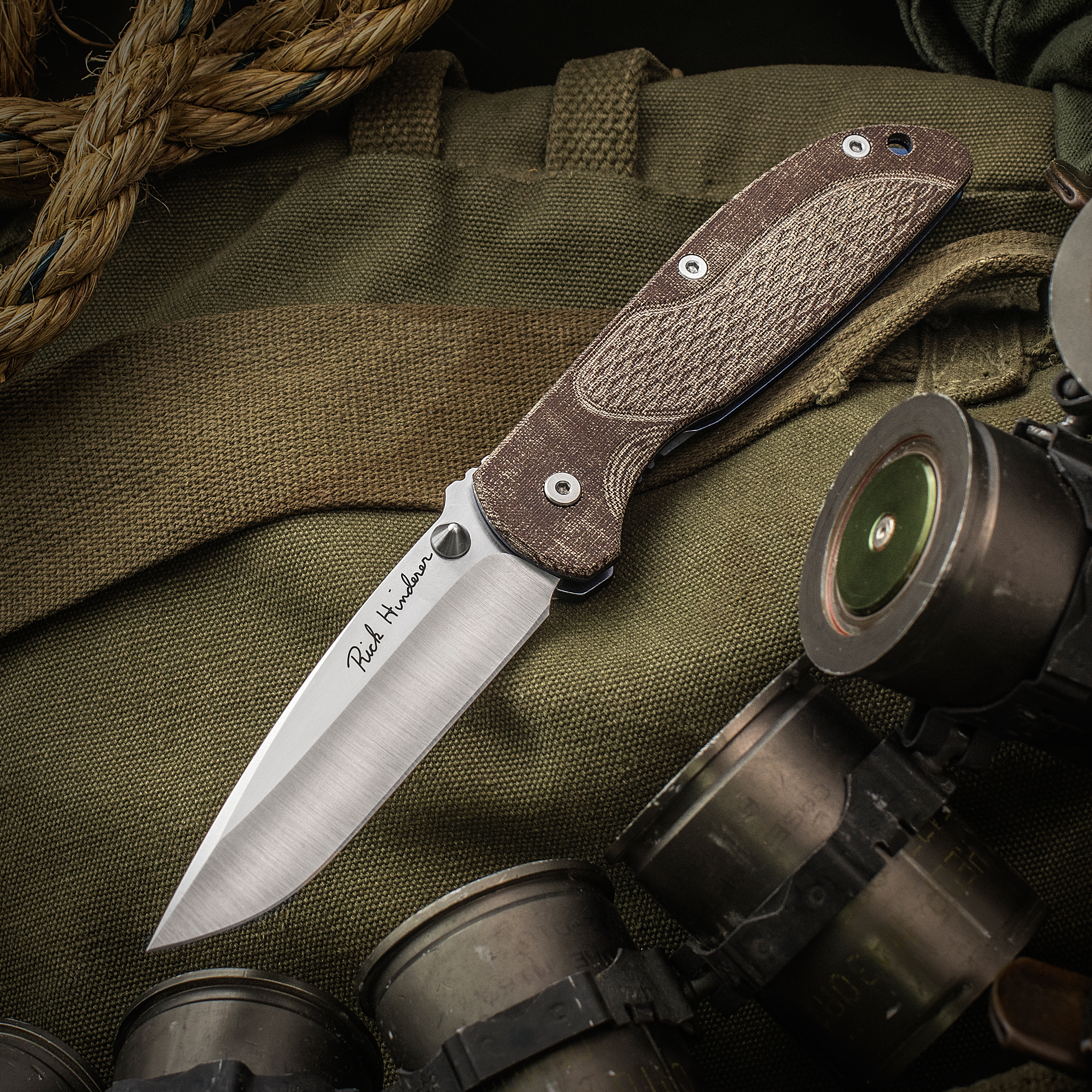 Rick Hinderer Custom Firetac Folding Knife 3.625" Hand Ground Drop Point Blade, Brown Micarta ...