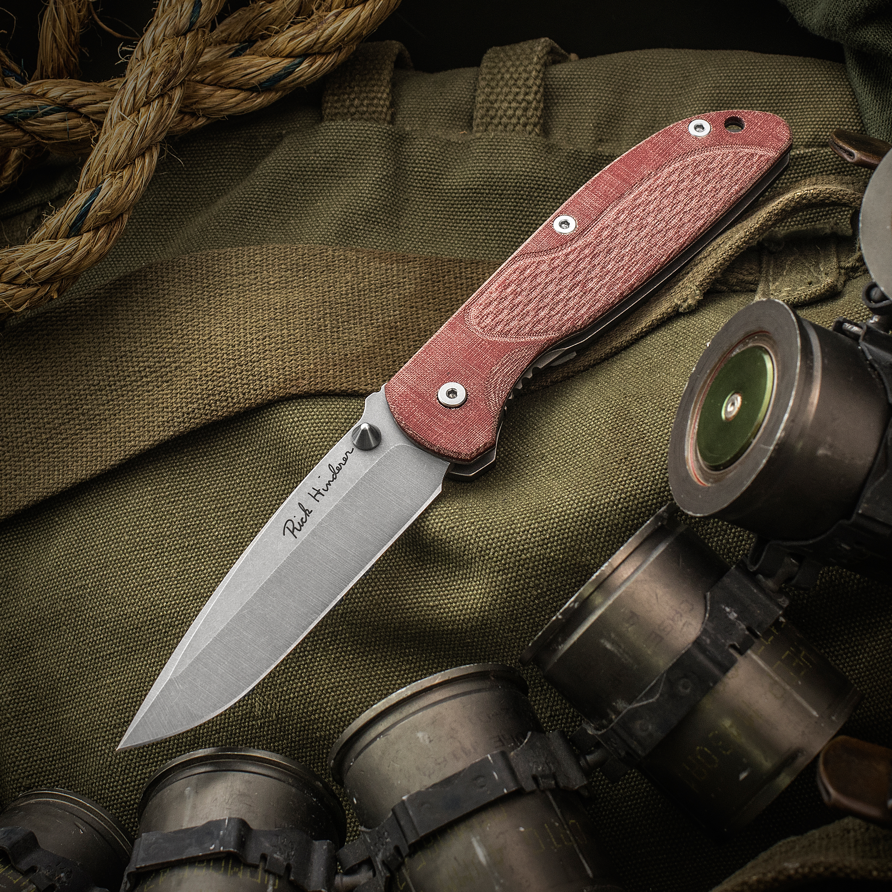 Rick Hinderer Custom Firetac Folding Knife 3.625" Hand Ground Drop Point Blade, Red Micarta and ...