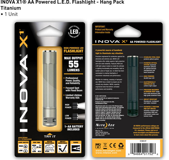 INOVA X1 AA Powered Dual Output LED Flashlight, 55 Max Lumens, Titanium ...