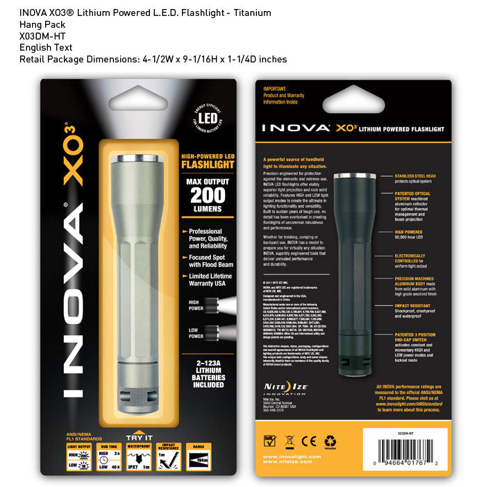 INOVA XO3 Lithium Powered LED Flashlight 200 Max Lumens, Titanium Color ...