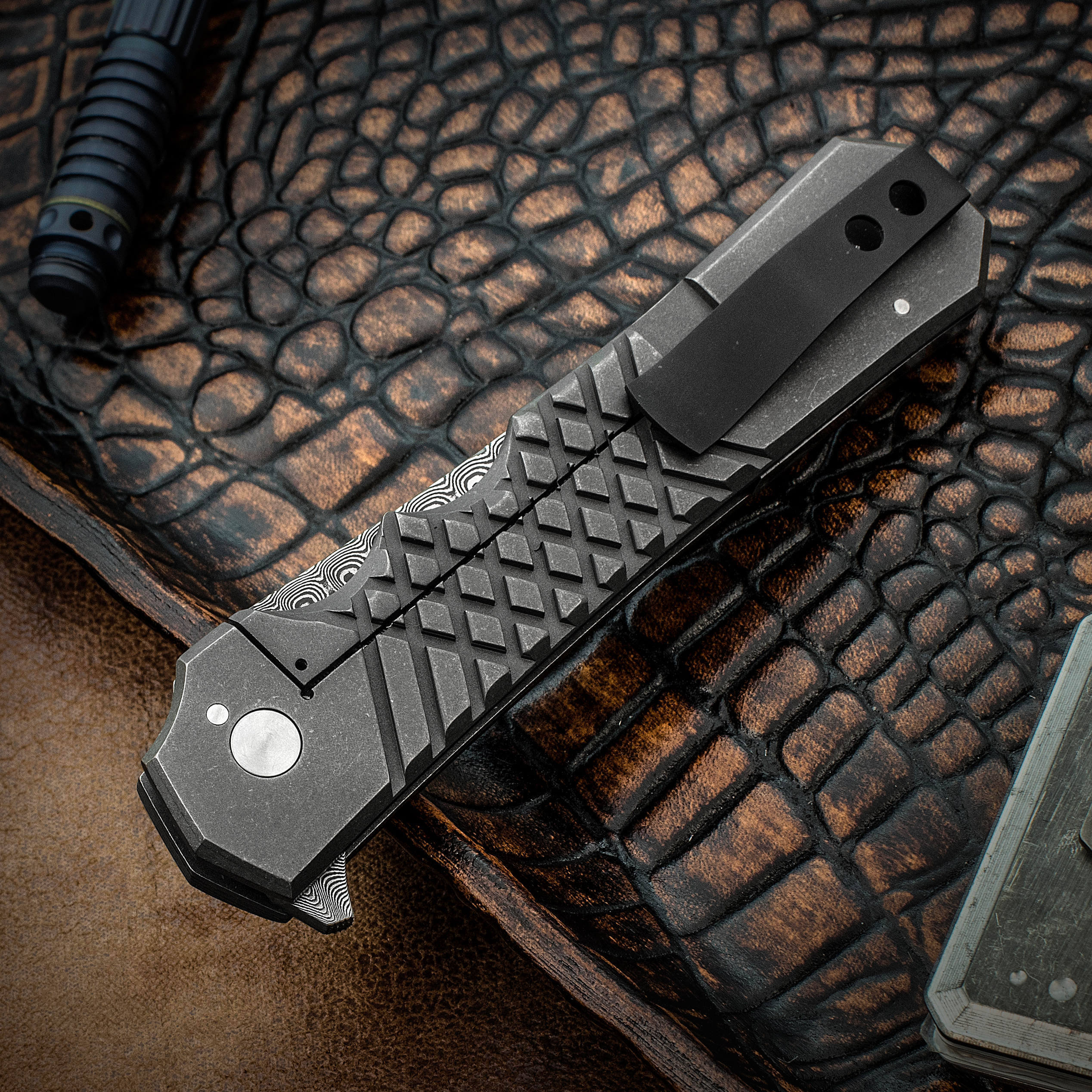 Jason Clark Custom Kwaiken Flipper 3.5" Glock Damascus Blade, Silver ...