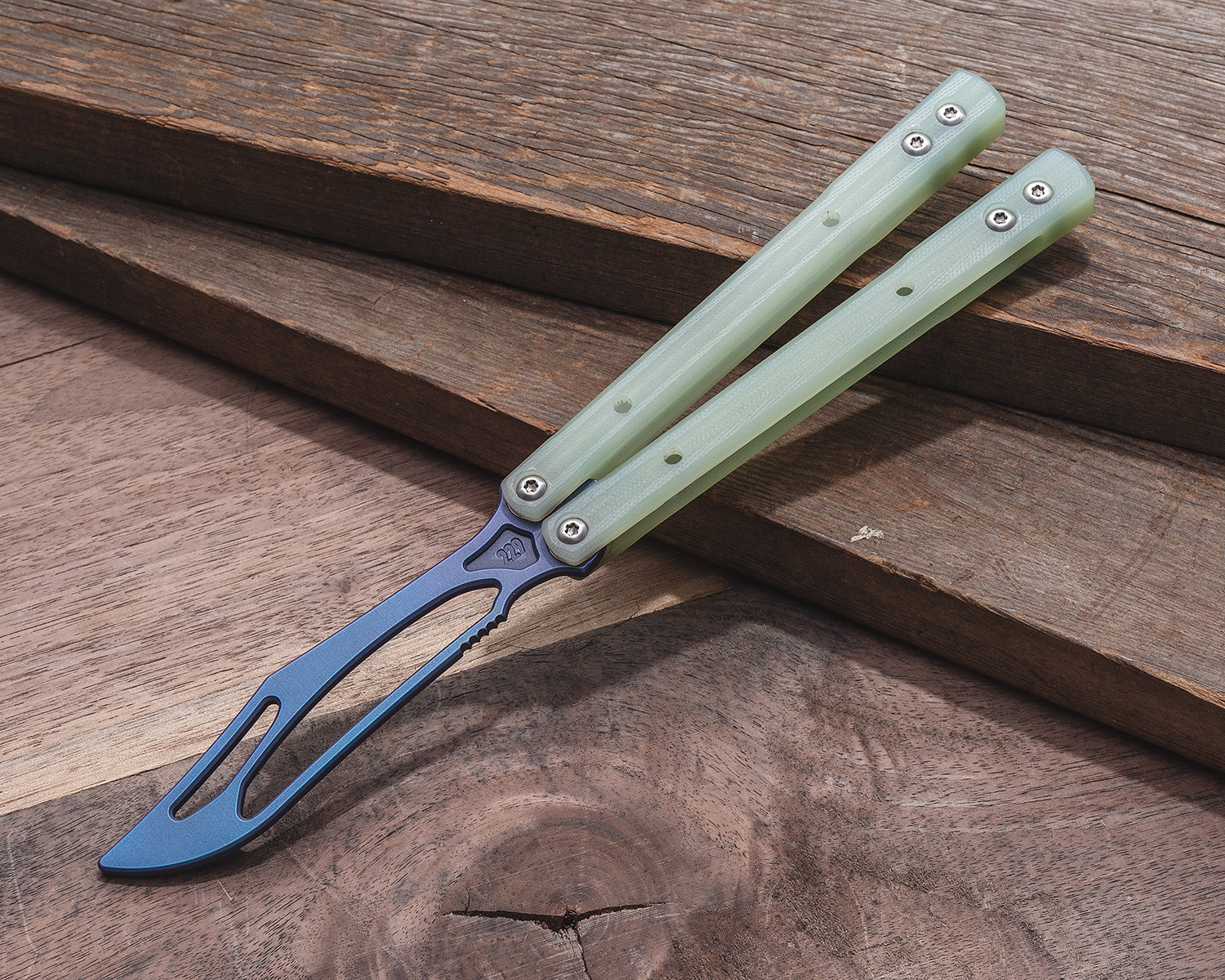 JK Designs Custom Orca Trainer Butterfly Knife 4.375" Blue Titanium ...