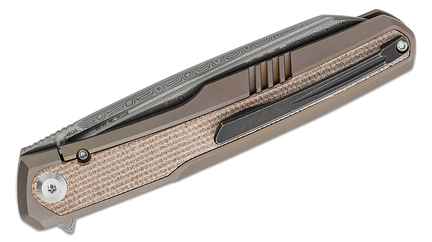 Kansept Knives Ostap Hel Arcus Flipper Knife 3.43" Damascus Wharncliffe Blade, Bronze Titanium ...