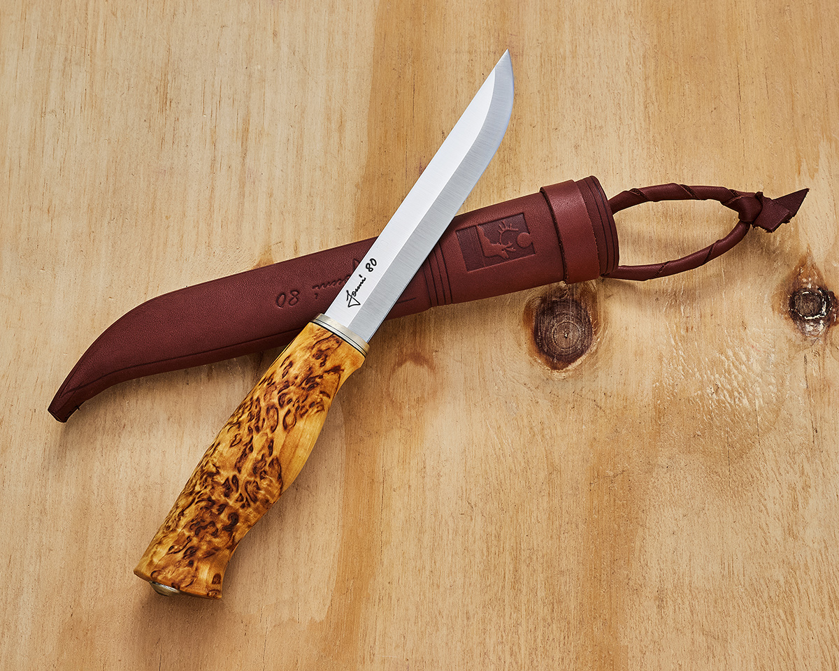 Kellam Knives Jouni 80 Fixed 4.88" Polished Blade, Curly Birch Handle w ...
