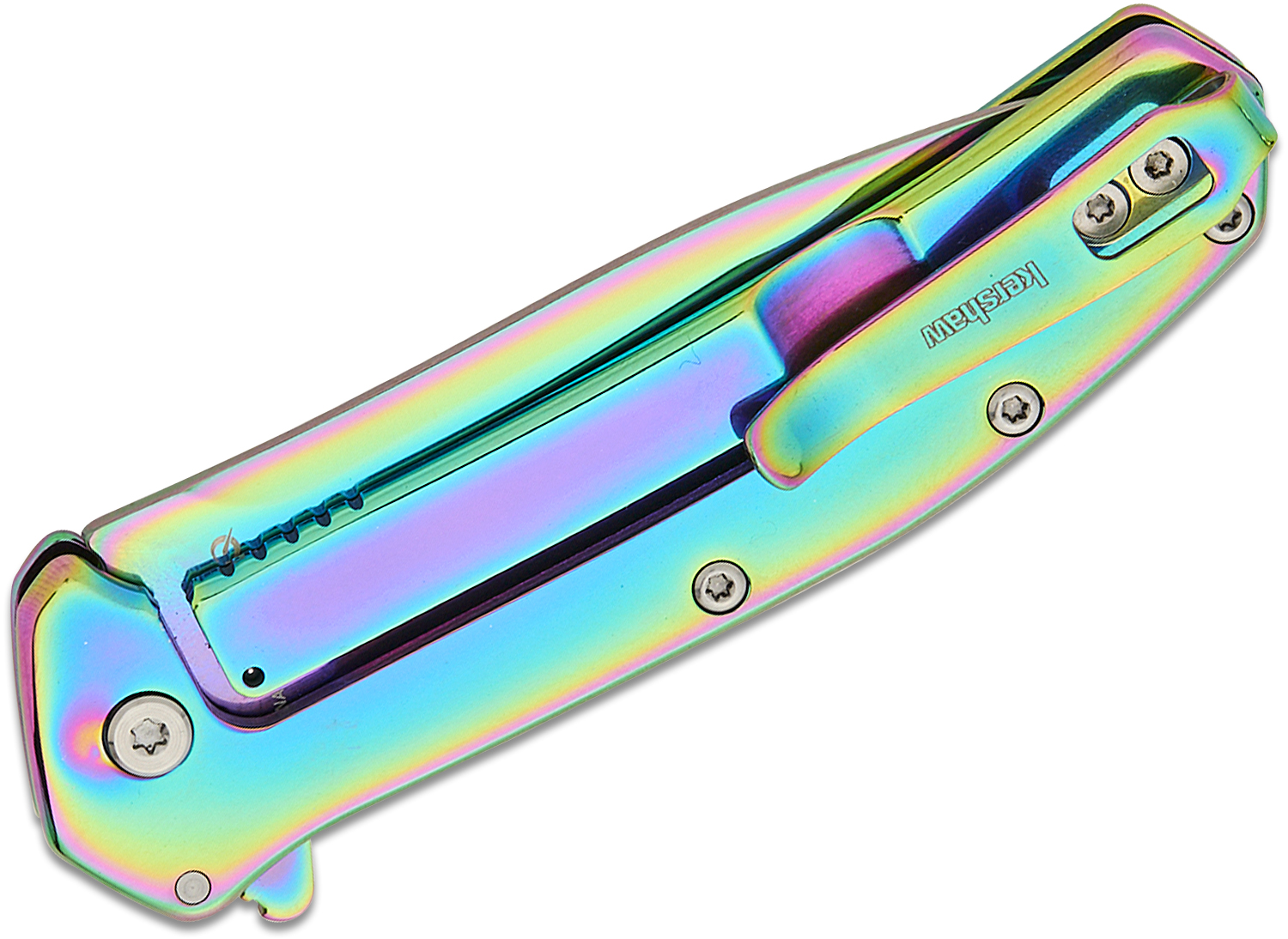 Kershaw 2044RBW Outcome Assisted Flipper Knife 2.8" Rainbow PVD Drop ...