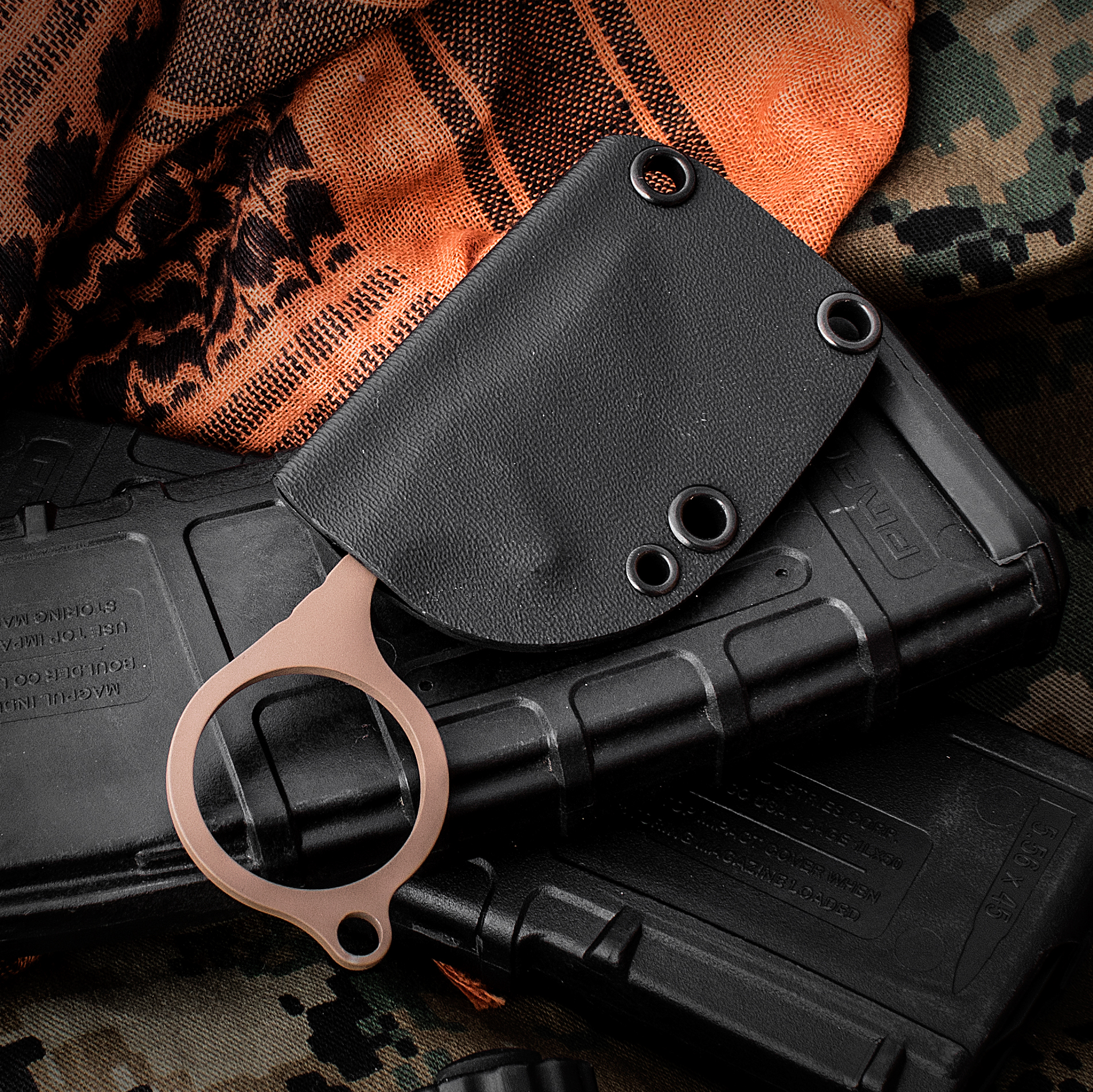 Les George Sabot Ring Knife Fixed 2" CTS-XHP Tan Plain Blade, Kydex ...