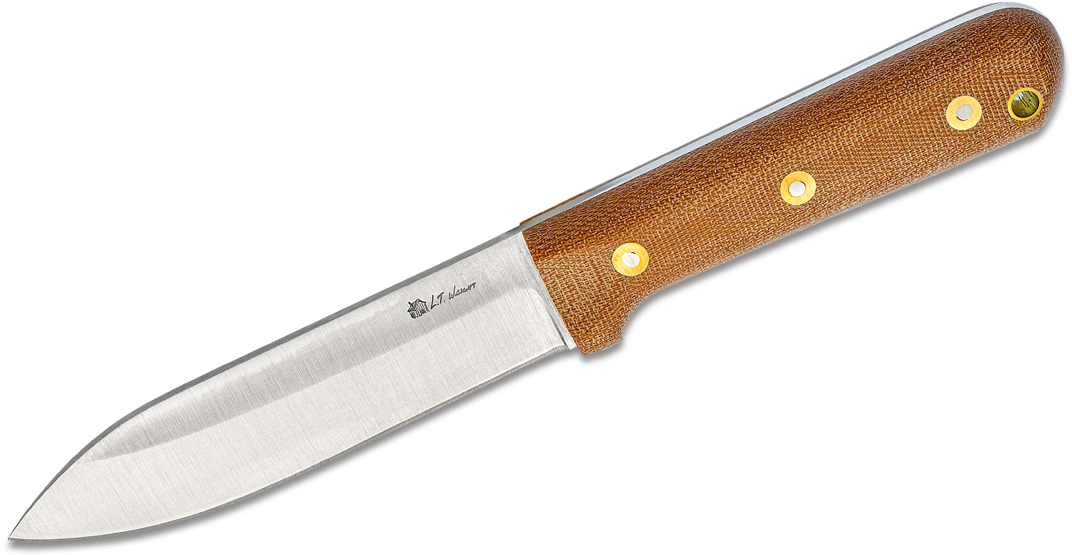 L.T. Wright Gen 5 5.1" A2 Saber Grind Kephart Fixed Blade Knife, Natural Canvas Micarta, Leather ...