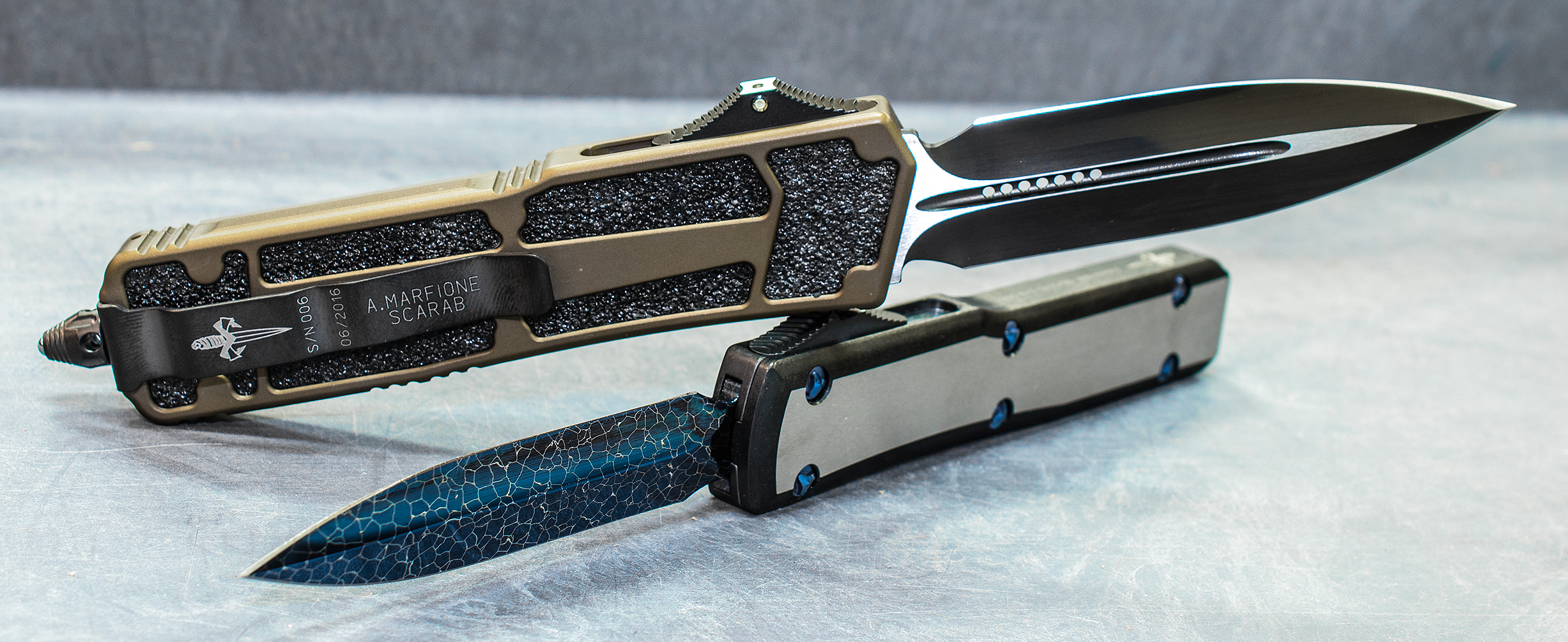 Marfione Custom Knives UT-11 OTF AUTO 3.375" Blued Dragon Skin Damascus ...