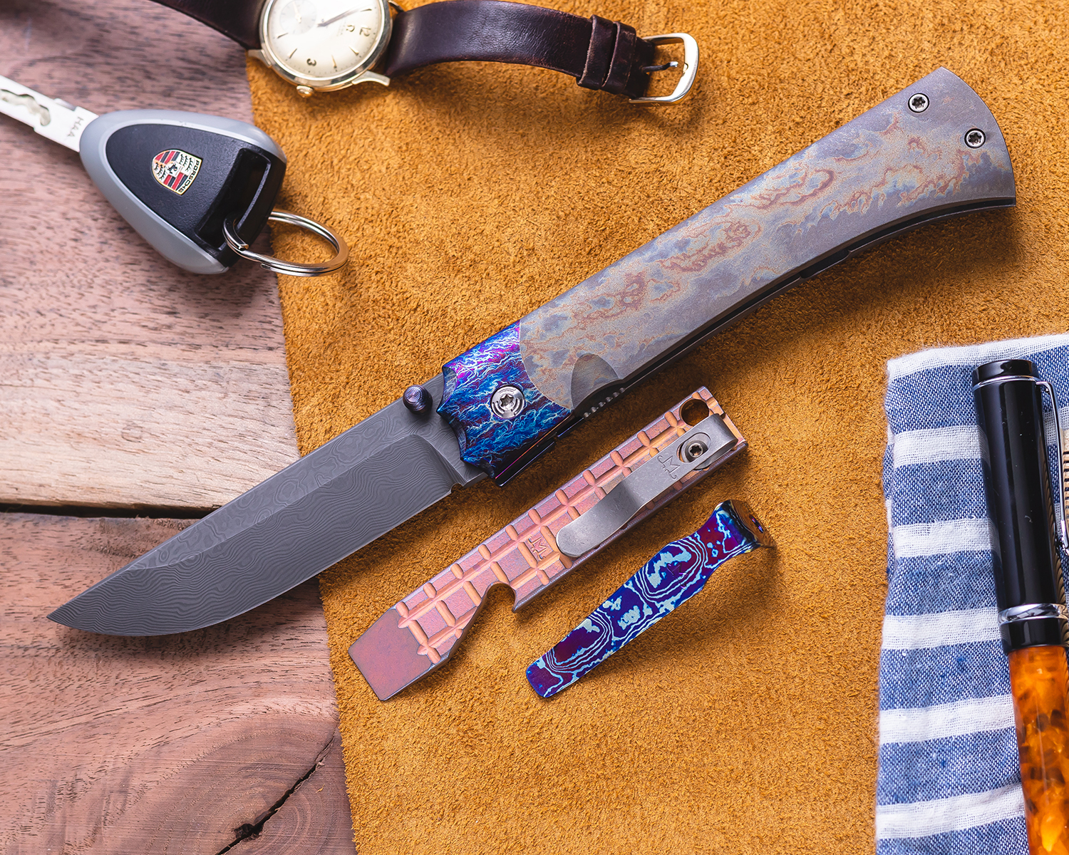 Maverick Customs Large Viper Folding Knife 4" ZLA Damascus Drop Point ...