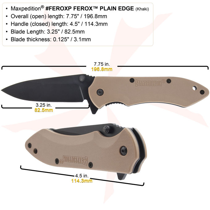 Maxpedition FEROXPB Ferox Folding Knife 3.25" Plain Blade, Black FRN ...