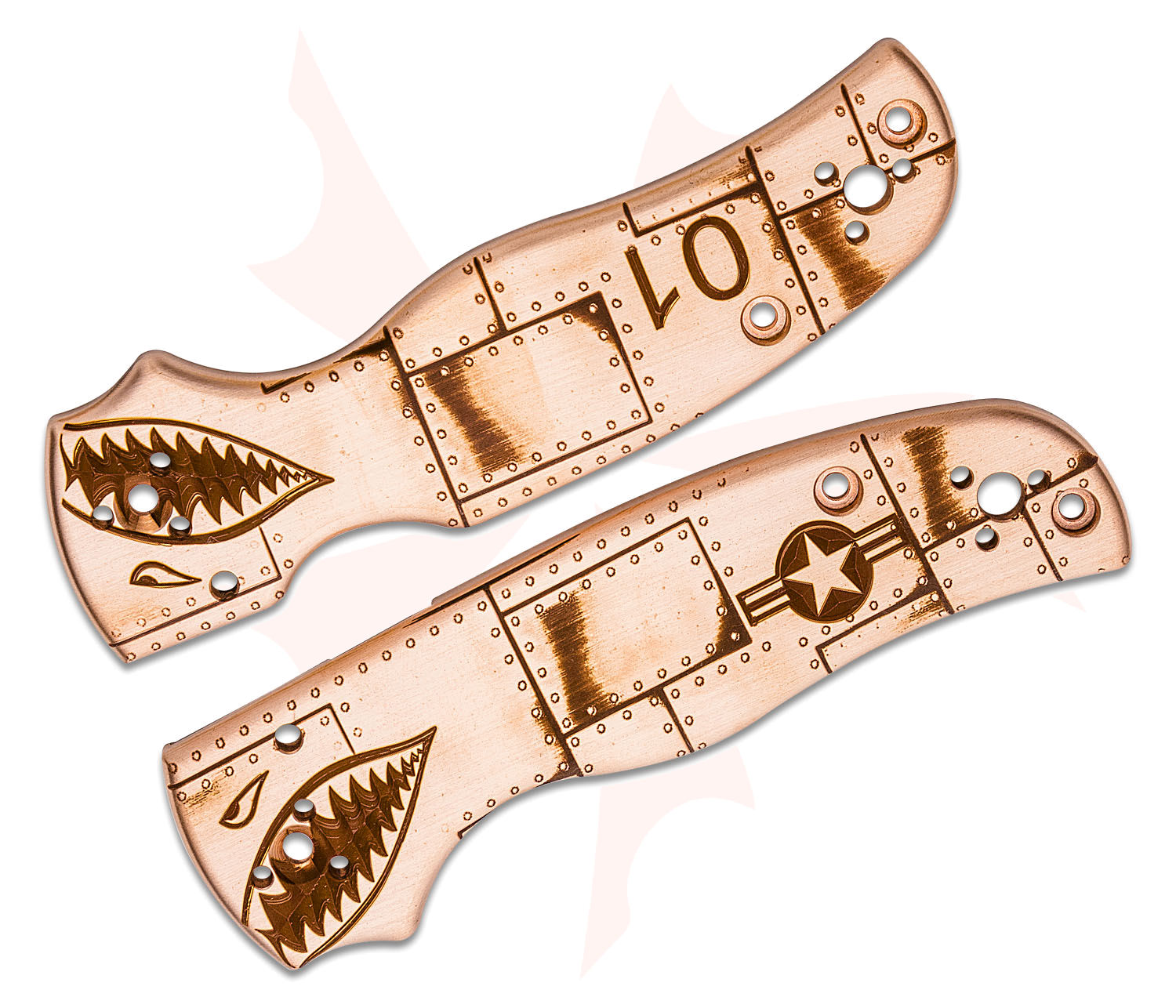 MetonBoss Copper Spyderco Shaman Scales, P40 Riveted Aeroplane Engraved ...