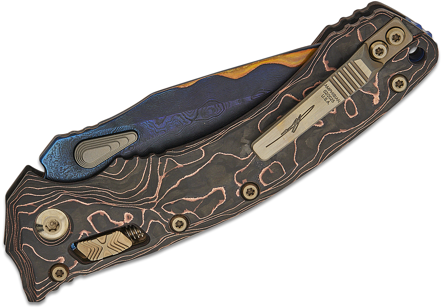 Microtech Marfione Select Amphibian RAM-LOK Manual Folding Knife 3.875" Blued Baker Forge Copper ...