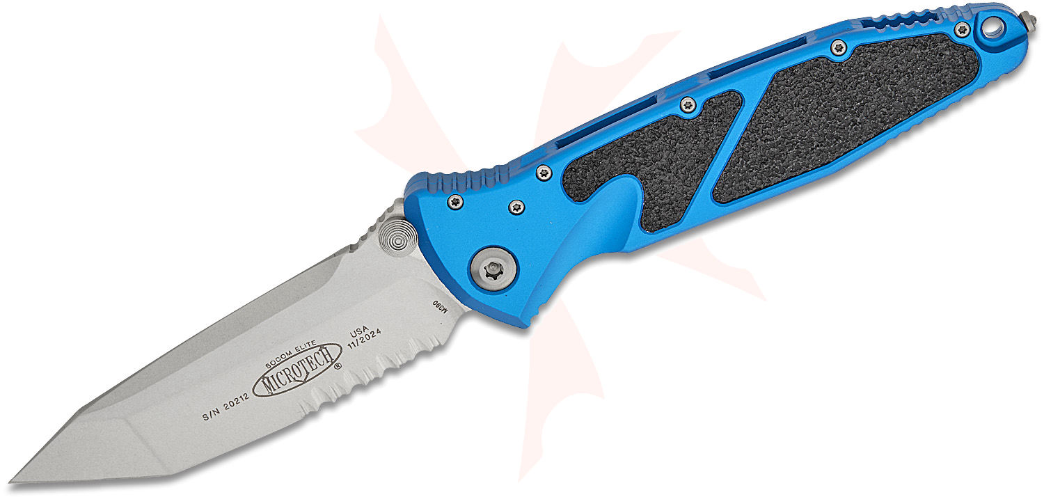 Microtech 161-11BL Socom Elite Manual Folding Knife 4.05" Stonewashed Tanto Combo Blade, Blue ...