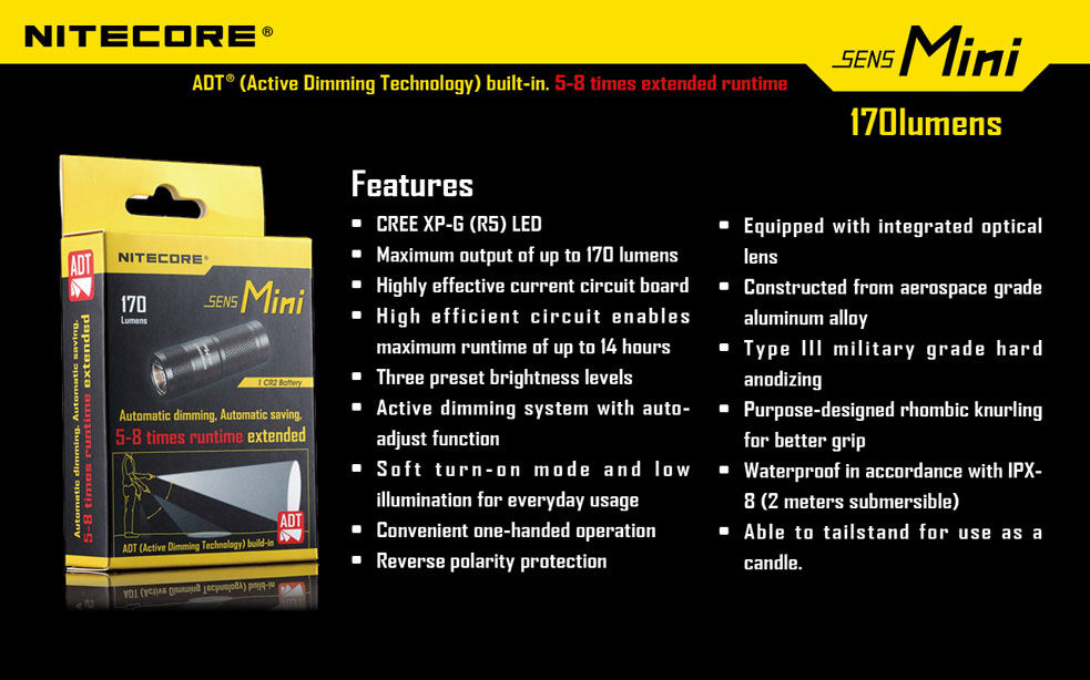 NITECORE SENSMINI CR2 LED Flashlight, 170 Max Lumens - KnifeCenter ...