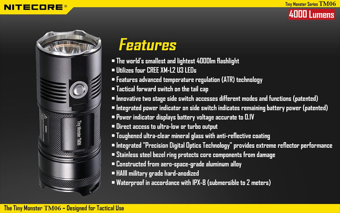 NITECORE Tiny Monster Series TM06 4x18650 LED Flashlight, 4000 Max ...