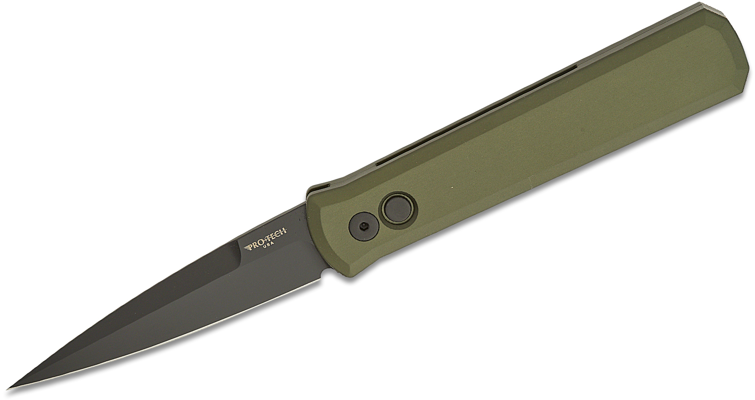 Pro-Tech 921 Godfather AUTO Folding Knife 4" 154CM Black DLC Plain Blade, Green Aluminum Handles ...