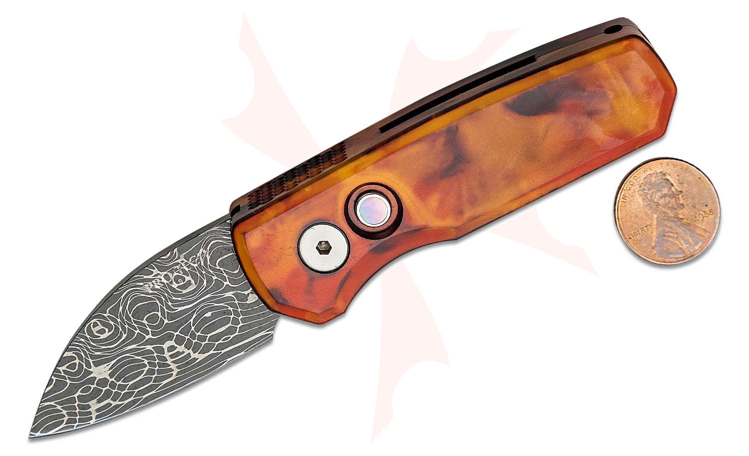 Pro-Tech R5301 Runt 5 AUTO Folding Knife 1.94" Nichols Damascus Wharncliffe Blade, "Del Fuego ...