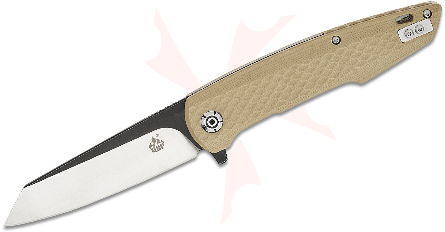 QSP Knives Phoenix Flipper Knife 3.75" D2 Two-Tone Reverse Tanto Blade, Sand G10 Handles ...