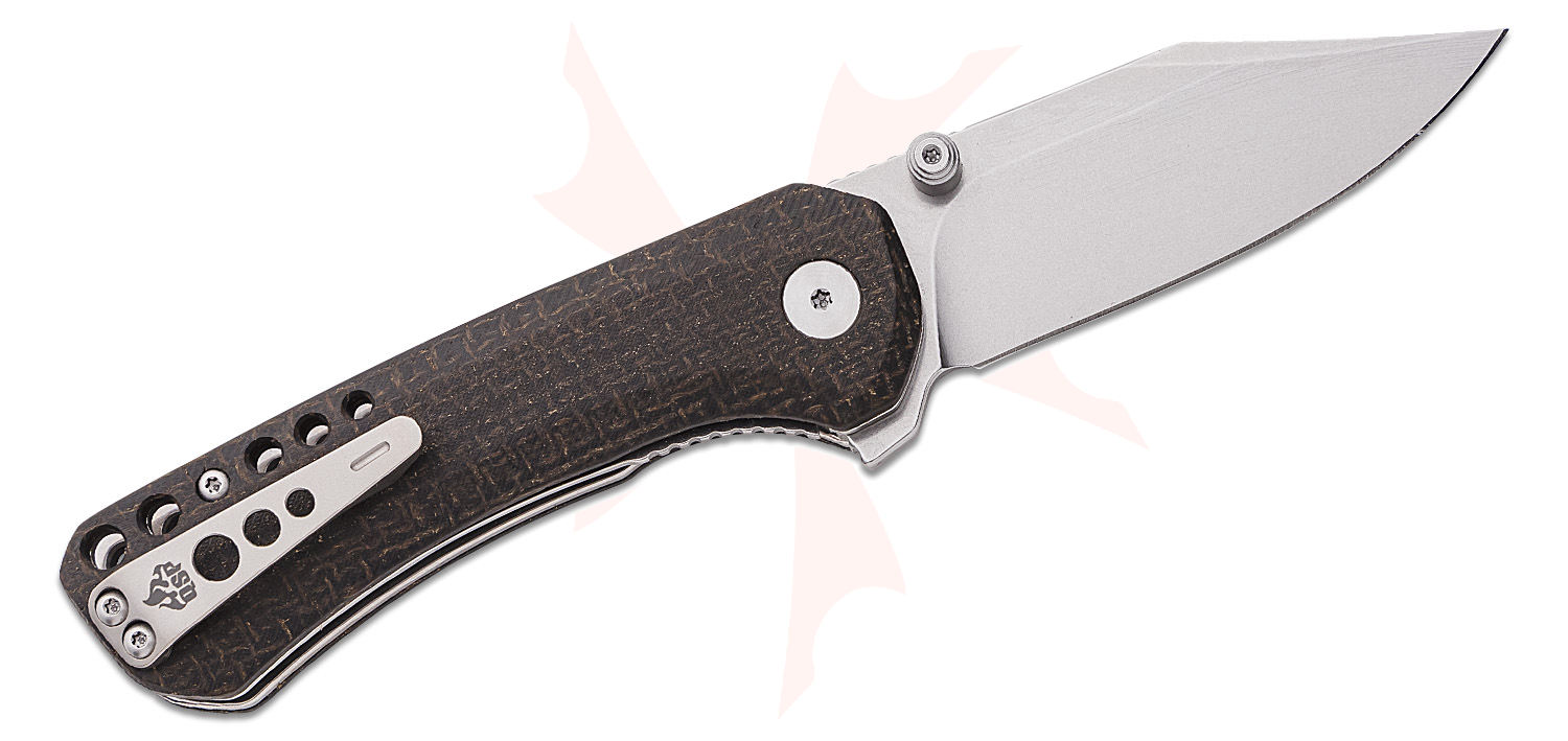 QSP Knives Kestrel Flipper Knife 2.88" 14C28N Stonewashed Clip Point Blade, Dark Brown Micarta ...