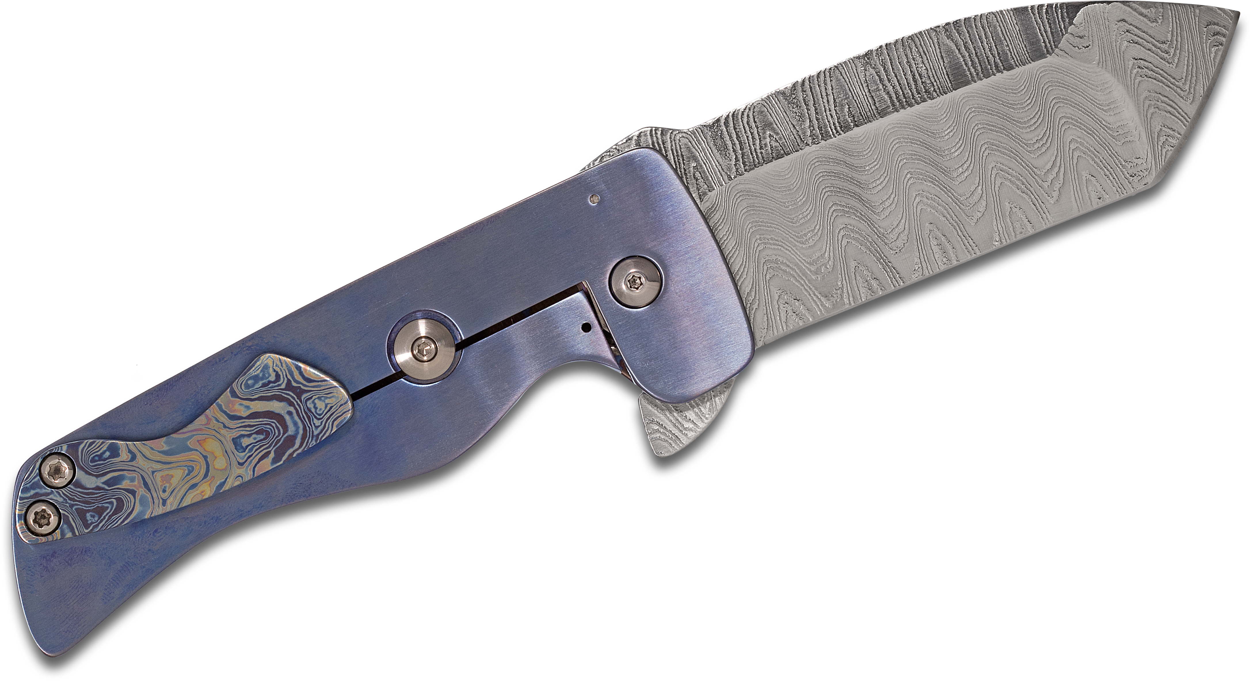 RichMade Knives Custom Grim Reaper Flipper 3.45" Polished Vegas Forge Damascus Blade, Timascus ...