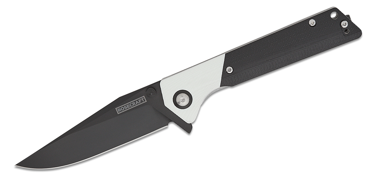 RoseCraft Blades Waya Liner Lock Flipper Knife 3.4" RPM9 Black PVD Clip Point Blade, White/Black ...