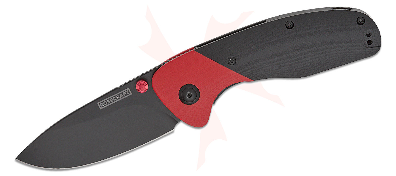 RoseCraft Blades Tarcanis Liner Lock Front Flipper Knife 3" RPM9 Black PVD Drop Point Blade, Red ...