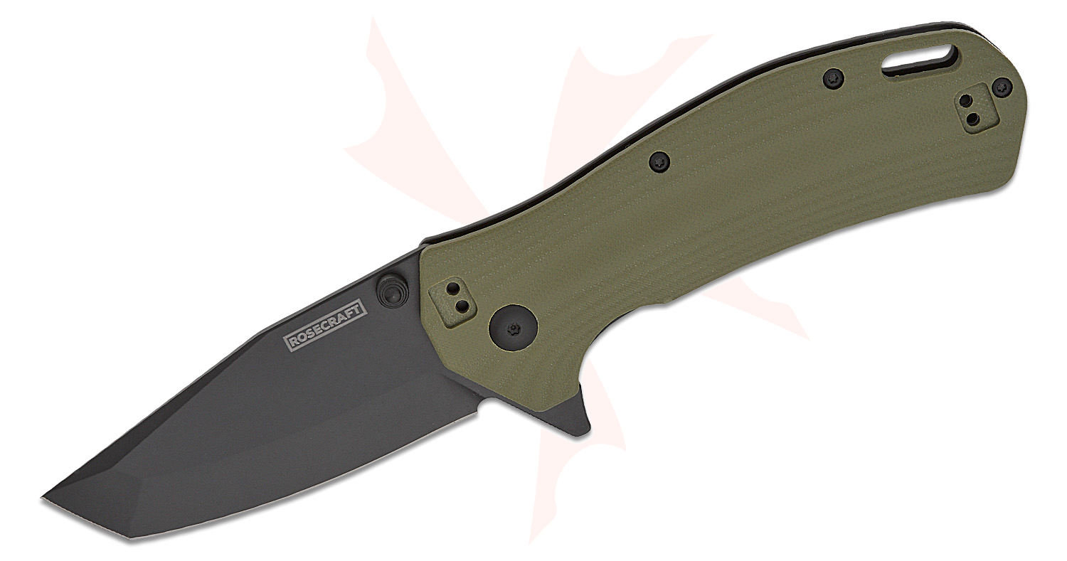 RoseCraft Blades MA-11 Frame Lock Flipper Knife 3.2" RPM9 Black PVD Tanto Blade, OD Green G10 ...