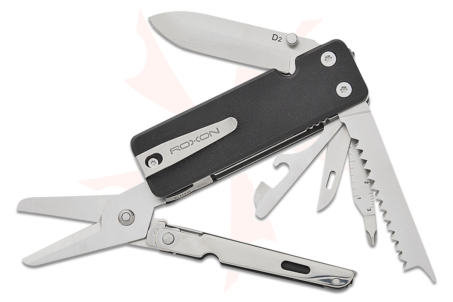 Roxon Tool KS2 Elite One-Handed Multi-Tool, 3.42" Closed, 14 Tools, Black G10 Handles, Pocket ...
