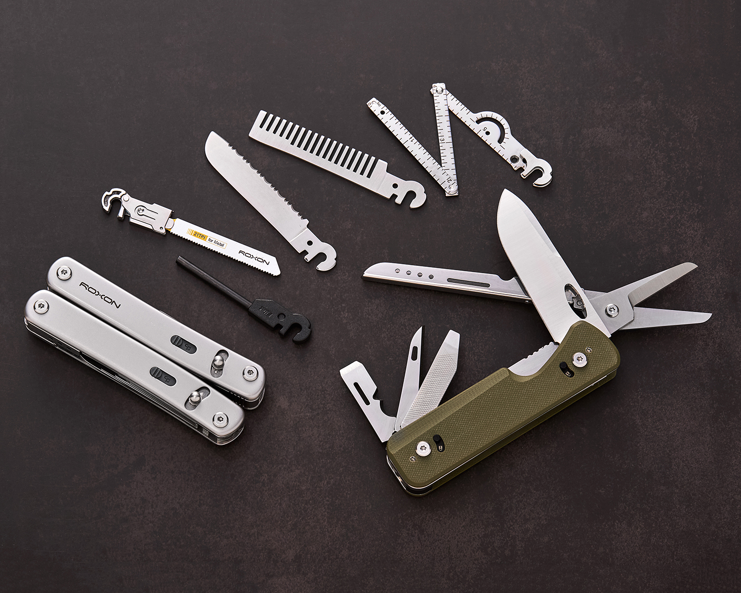 Roxon Tool FLEX Open-Source Modular One-Handed Multi-Tool, 4.21" Closed, 19 Tools, Stainless ...