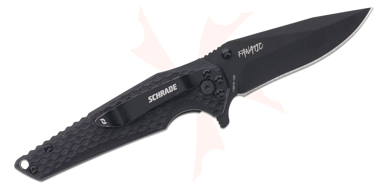 Schrade Delta Class Fanatic Flipper Knife 3.13" AUS-8 Black Clip Point ...