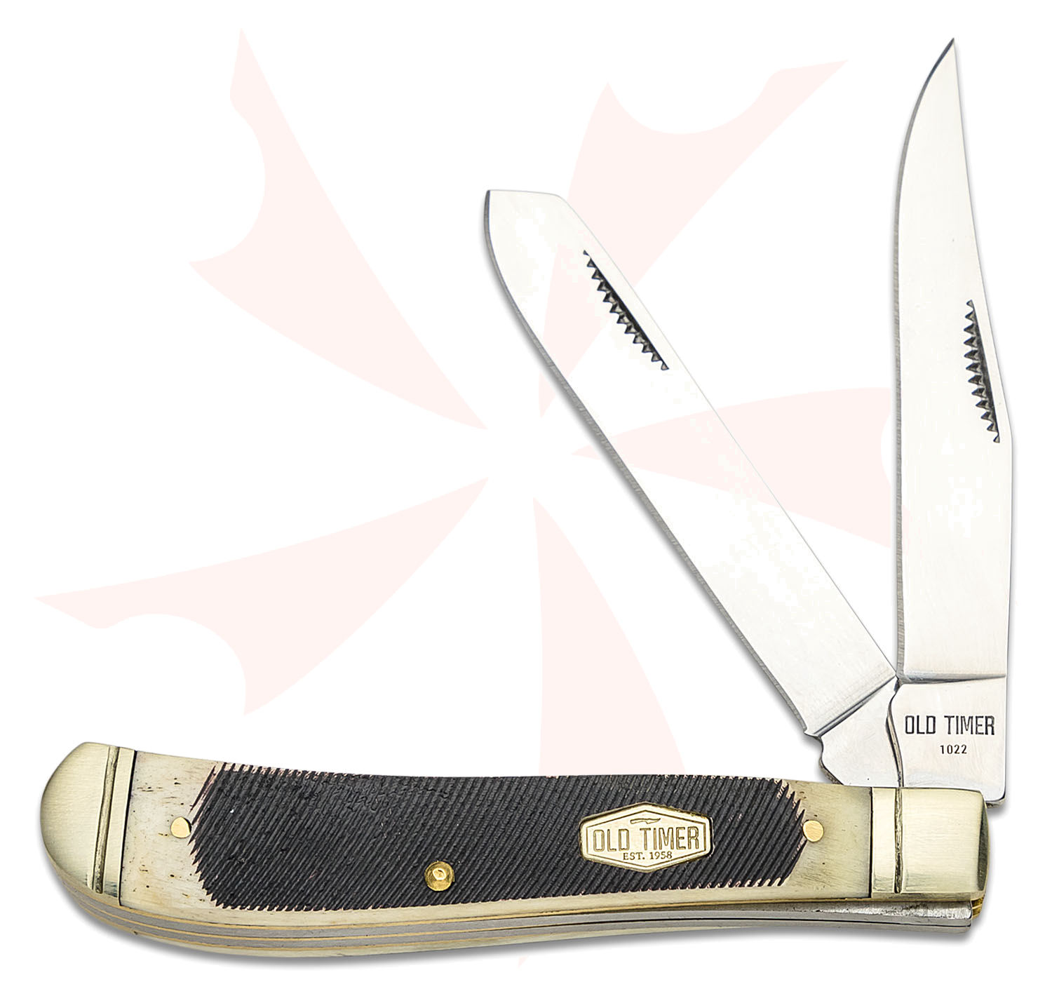 Schrade 94OTB Old Timer Gunstock Trapper 3.8" Closed, Sawcut Bone Handles with Nickel Silver ...