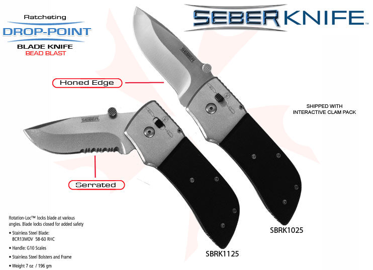 Seber Knife Bead Blast Ratchet Locking 3-3/8" Drop Point Combo Edge ...