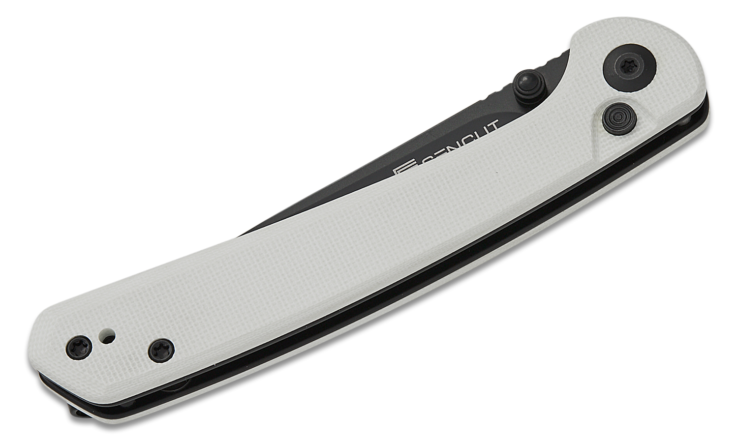 Sencut Knives Skelfin Button Lock Folding Knife 3.3" Black Clip Point Blade, White G10 Handles ...