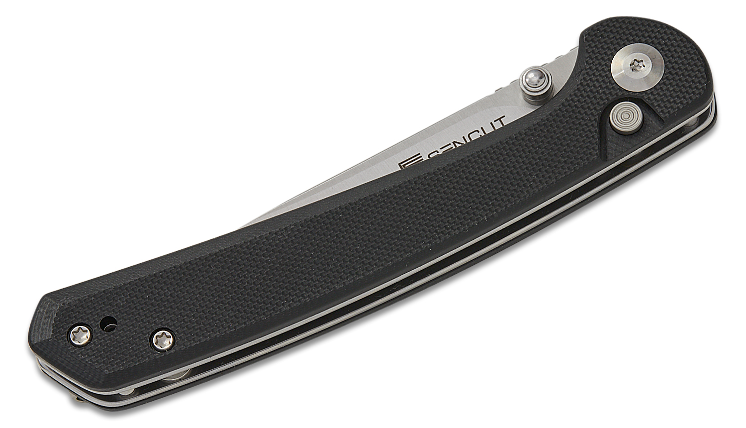 Sencut Knives Skelfin Button Lock Folding Knife 3.3" Satin Clip Point Blade, Black G10 Handles ...