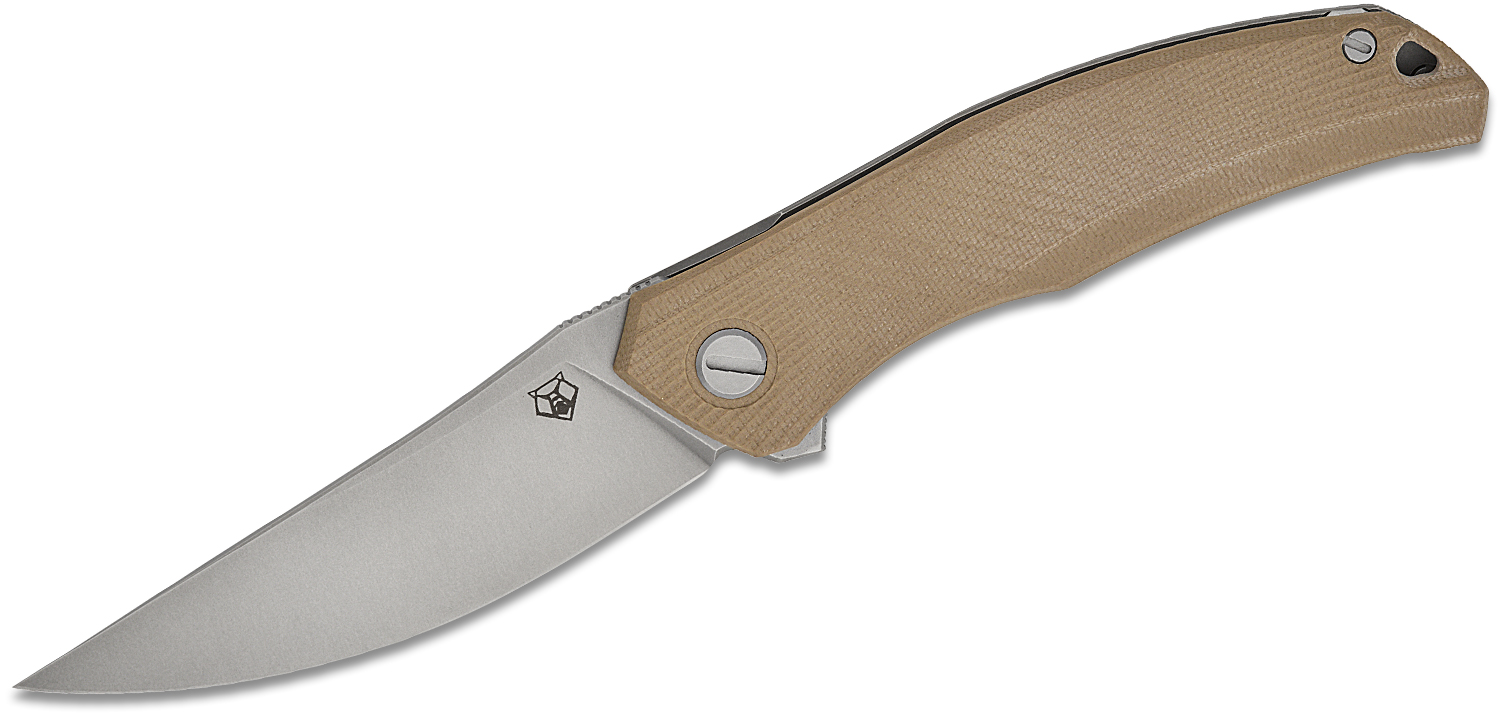 Shirogorov Quantium Ursus Flipper Knife 3.8" Cromax PM Trailing Point Blade, Milled Beige G10 ...