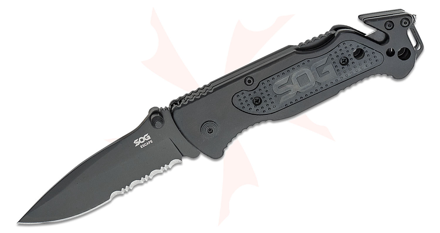 SOG Escape Folding Rescue Knife 3.4" Black Combo Blade, Aluminum ...