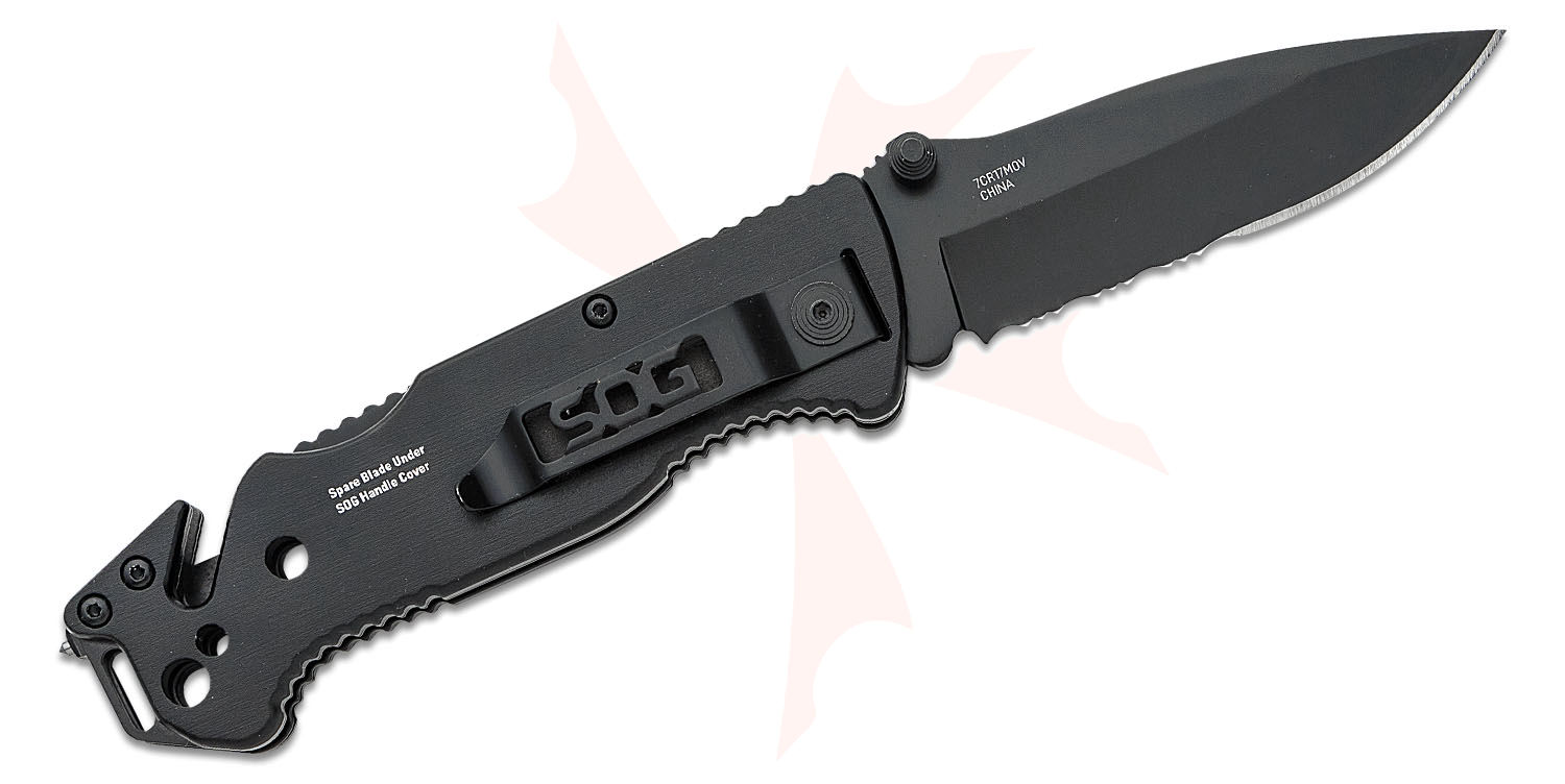 SOG Escape Folding Rescue Knife 3.4" Black Combo Blade, Aluminum ...