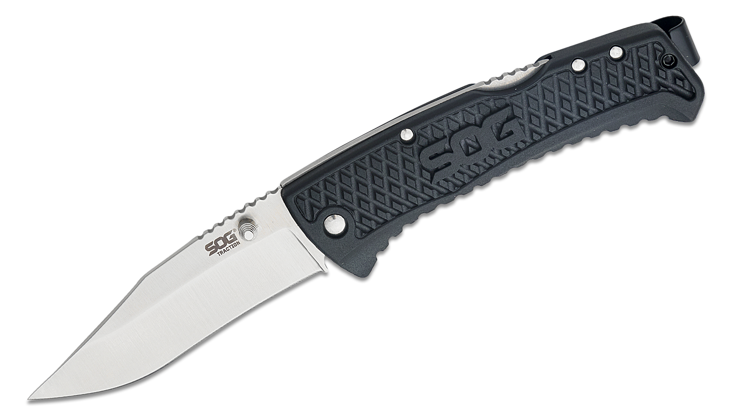 SOG Traction Folding Knife 3.5" Clip Point Plain Blade, Black GRN ...