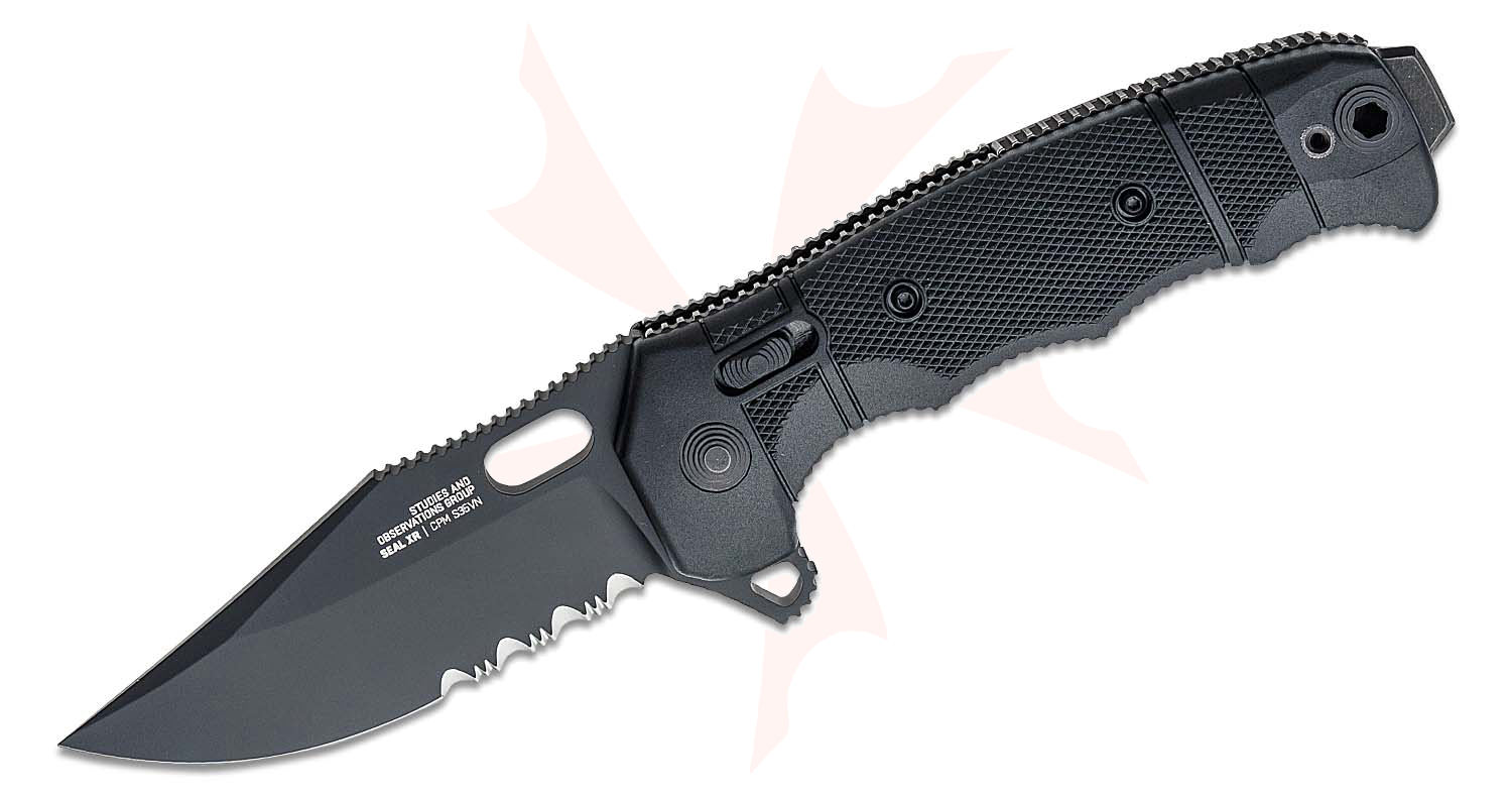 SOG SEAL XR Flipper Knife 3.9" Black TiNi S35VN Clip Point Combo Blade ...
