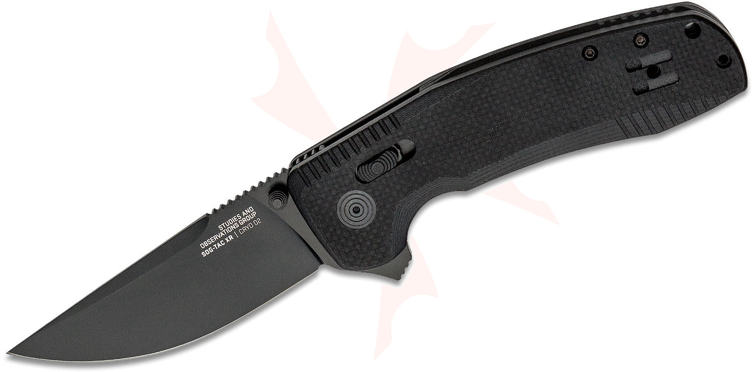 SOG SOG-TAC XR Flipper Knife 3.39" D2 Black Plain Blade, Black G10 ...