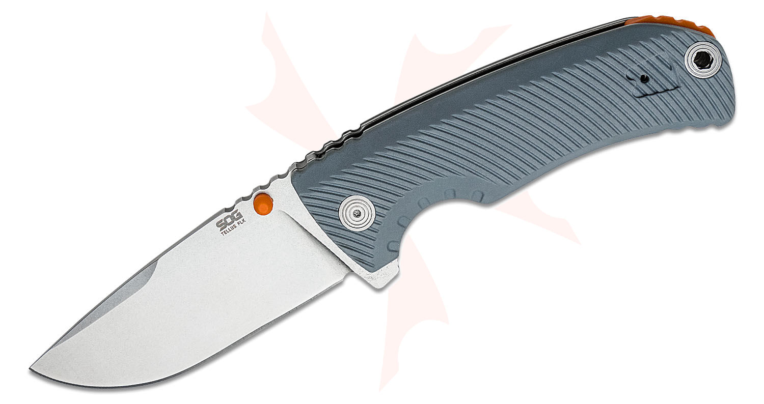 SOG Tellus FLK Flipper Knife 3.65" CRYO 440C Stonewashed Clip Point, Wolf Gray GRN Handles ...