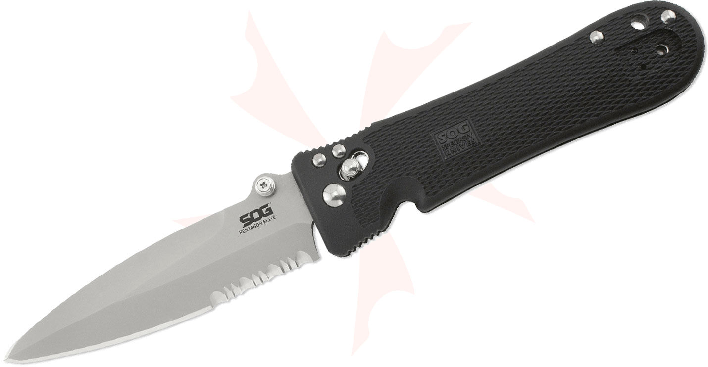 SOG PE14 Pentagon Elite I Folding Knife 4" VG10 Satin Combo Blade ...