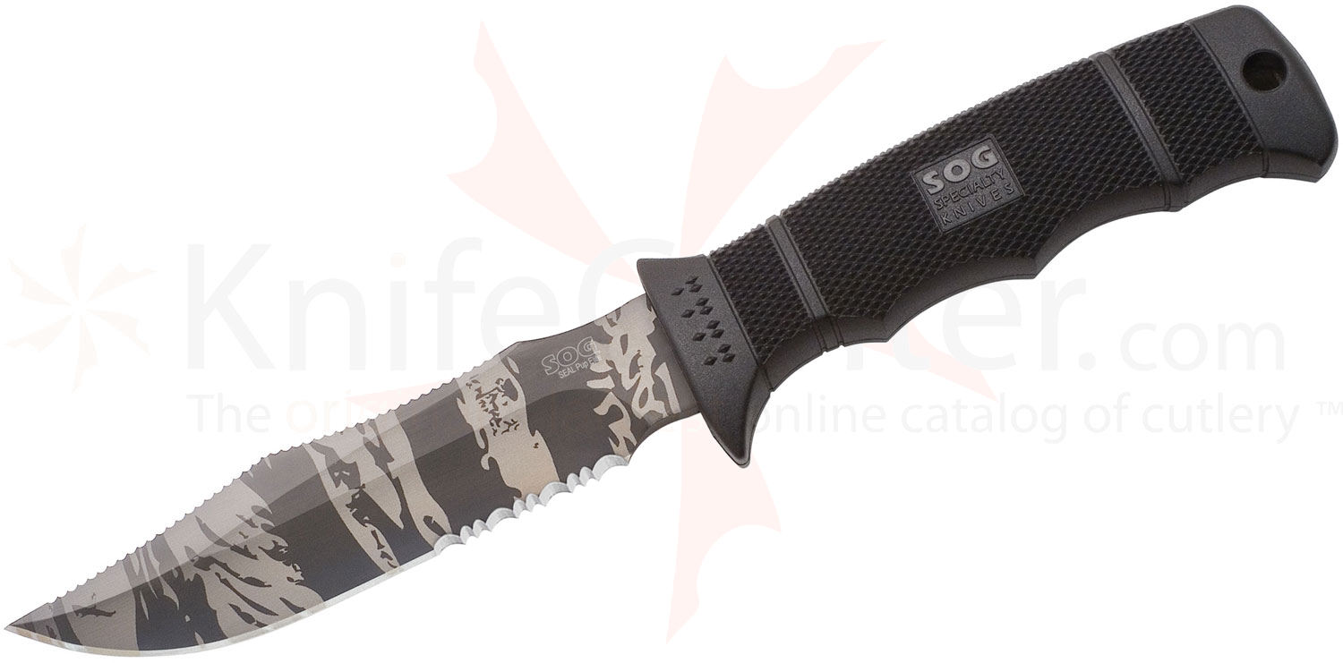 SOG SEAL Pup Elite 4.85" TigerStripe Black TiNi Combo Edge Blade with ...