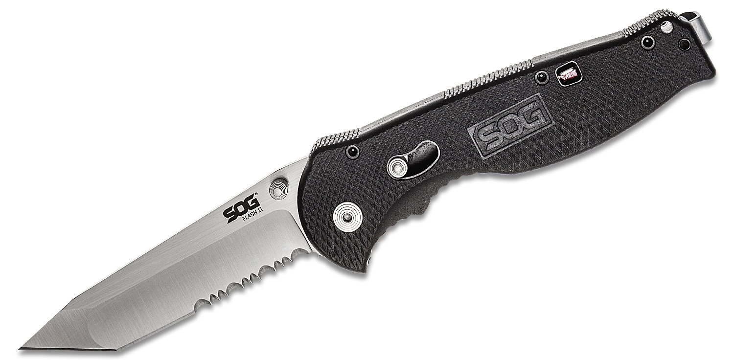 SOG Flash II Tanto Folding Knife Assisted 3.5" Satin Combo Blade, Black ...