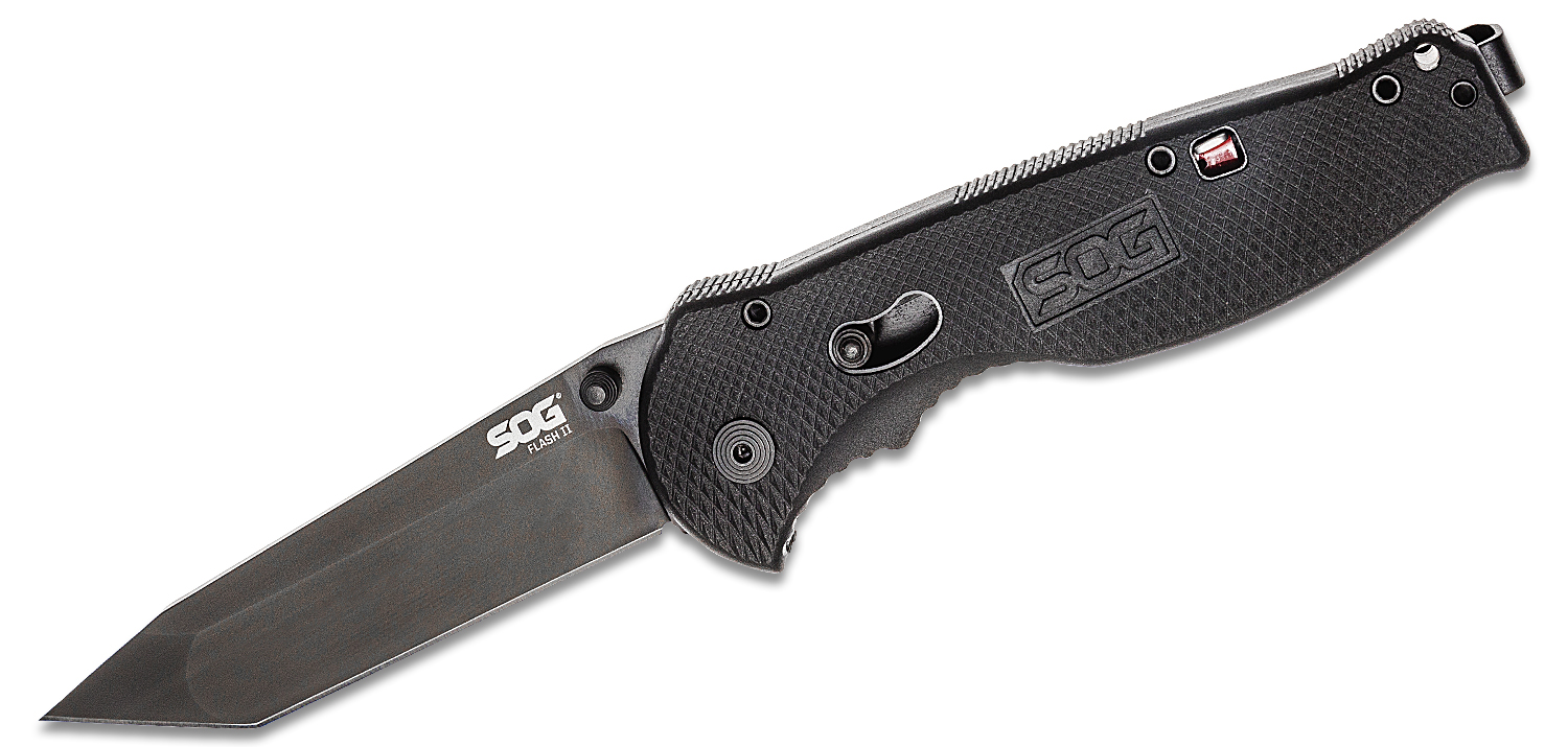 SOG Flash II Tanto Folding Knife Assisted 3.5" Black Plain Blade, Black ...