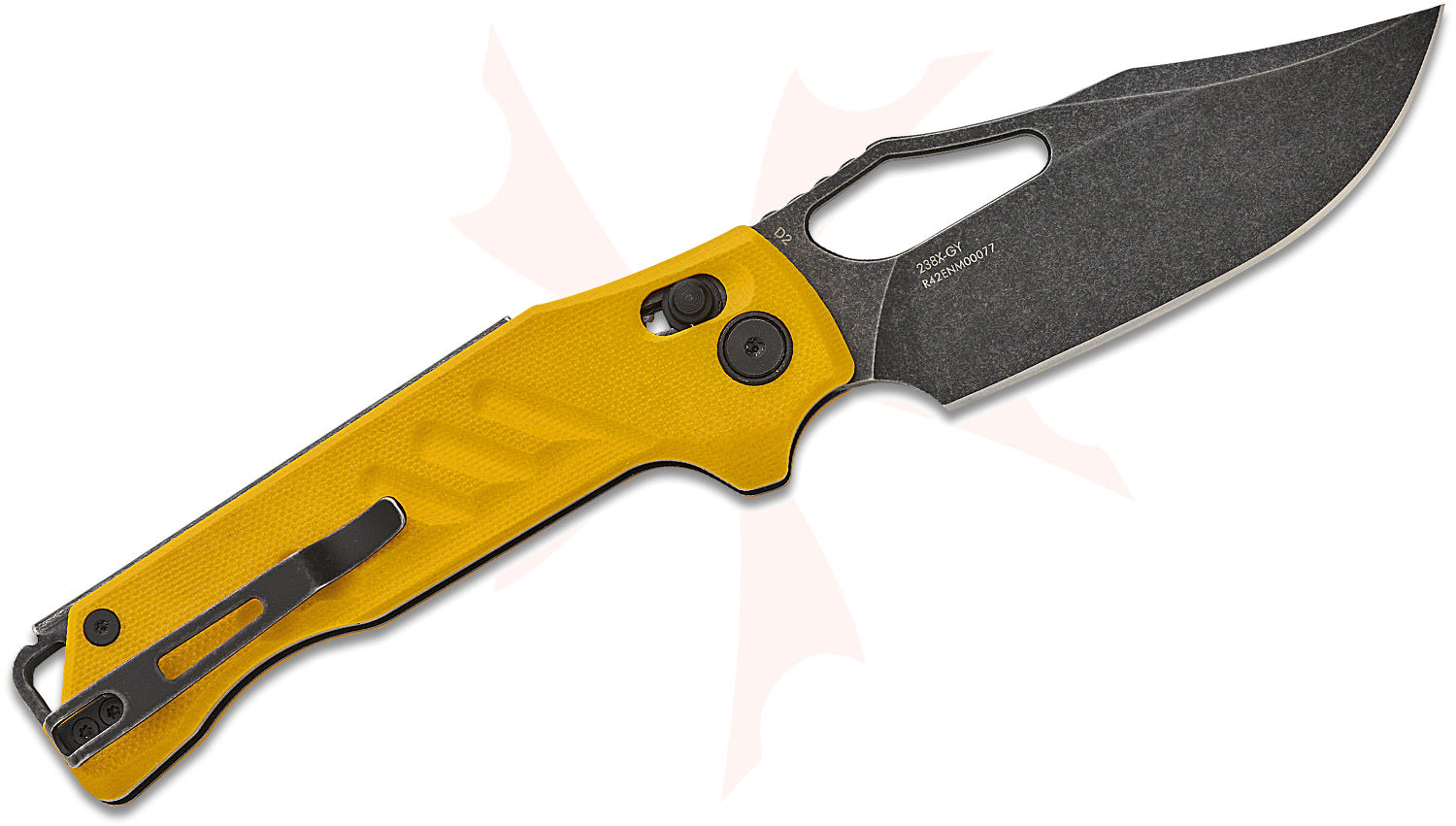SRM Knives 238X-GY Ambi-Lock Folding Knife 3.62" D2 Black Stonewash Clip Point Blade, Yellow G10 ...