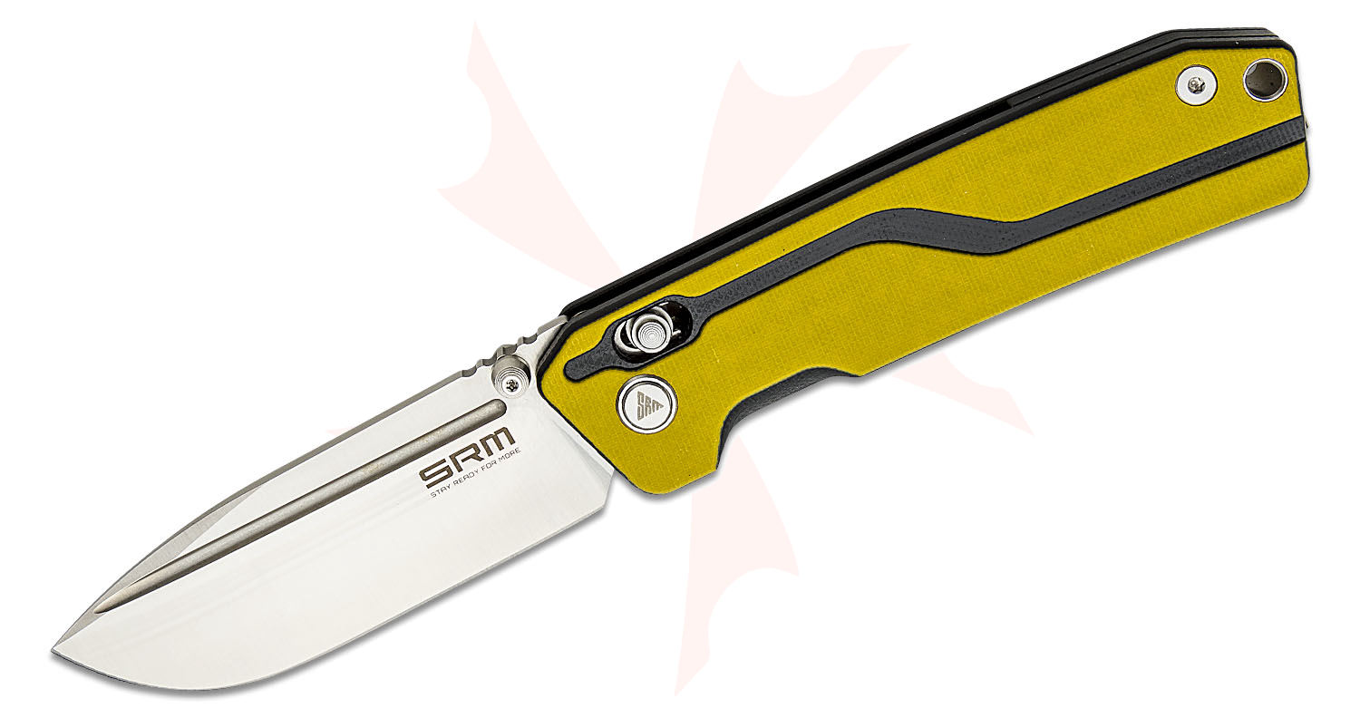 SRM Knives 7228L-GW Large Rubik Folding Knife 3.62" Satin VG-10 Drop Point Blade, Yellow and ...