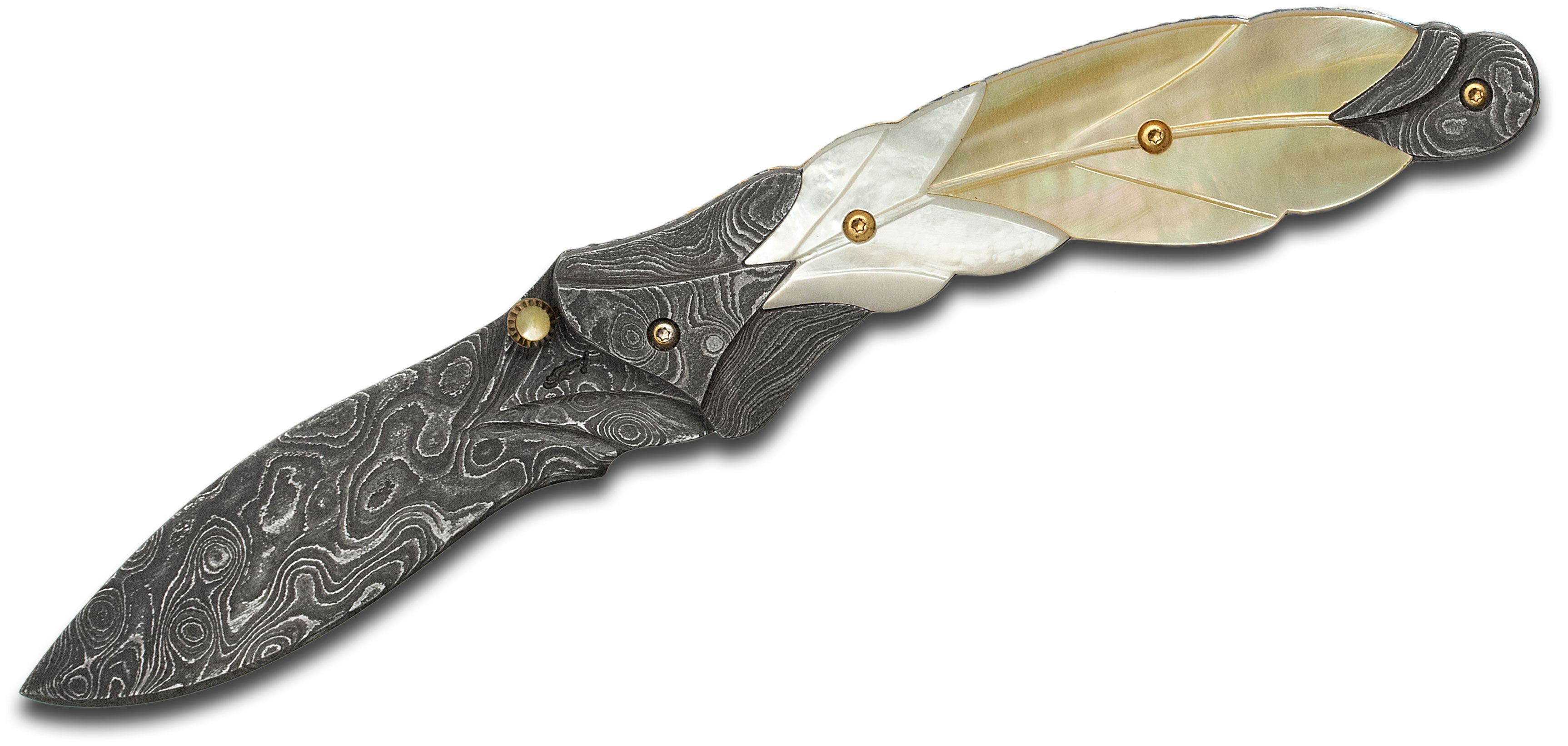 Suchat Custom Knives Feather Folding Knife 2.875" Damascus Drop Point ...