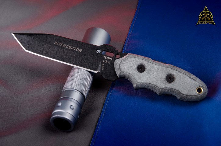 TOPS Knives Interceptor Police Utility 4" 1095 Black Tanto Blade, Linen ...