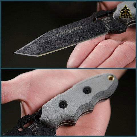 TOPS Knives Interceptor Police Utility 4" 1095 Black Tanto Blade, Linen ...